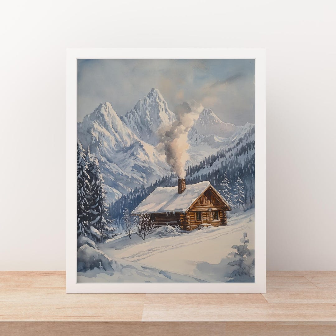 Mountain Cabin Watercolor Print of Snowy Mountain Landscape Cozy Winter ...
