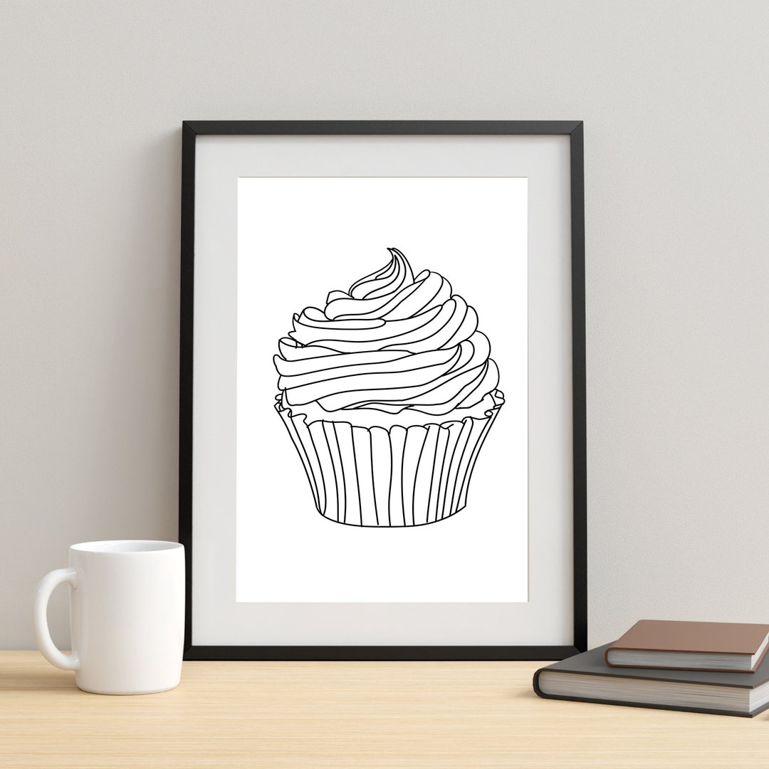 Cupcake Drawing Line Art Simple Sketch Modern Kitchen Wall Decor ...