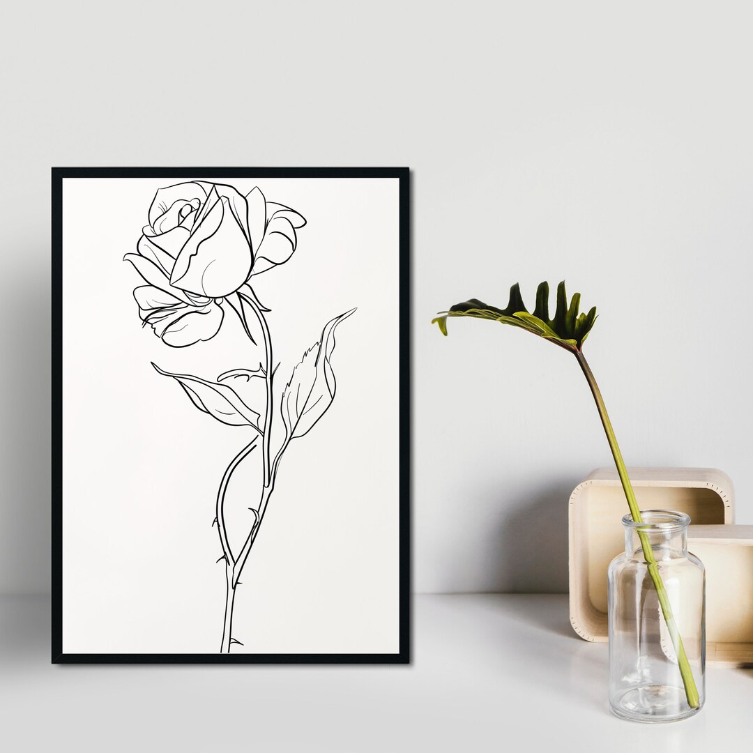 Elegant Simple Rose Line Art Flower Drawing Outline Botany Illustration ...