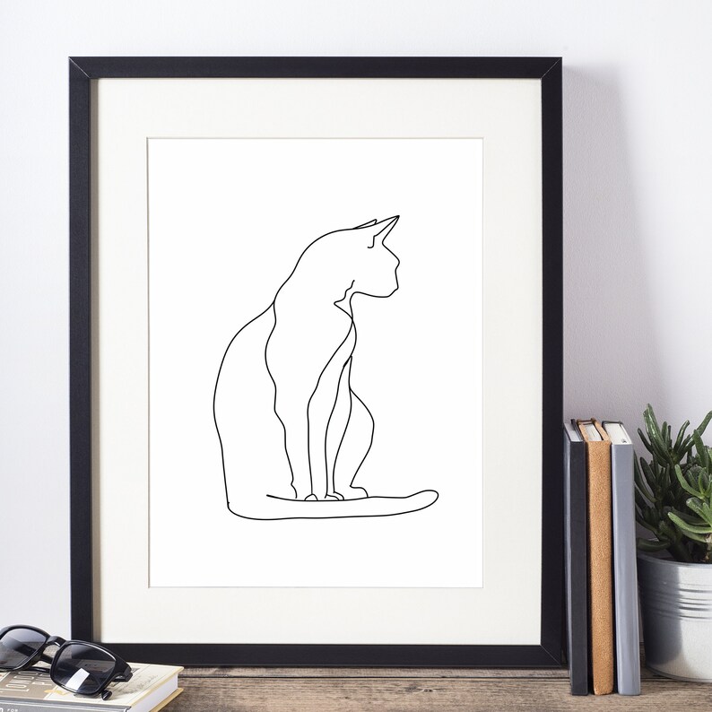 Cat Line Art Gift for Cat Lover Simple Line Artwork Modern Black White ...