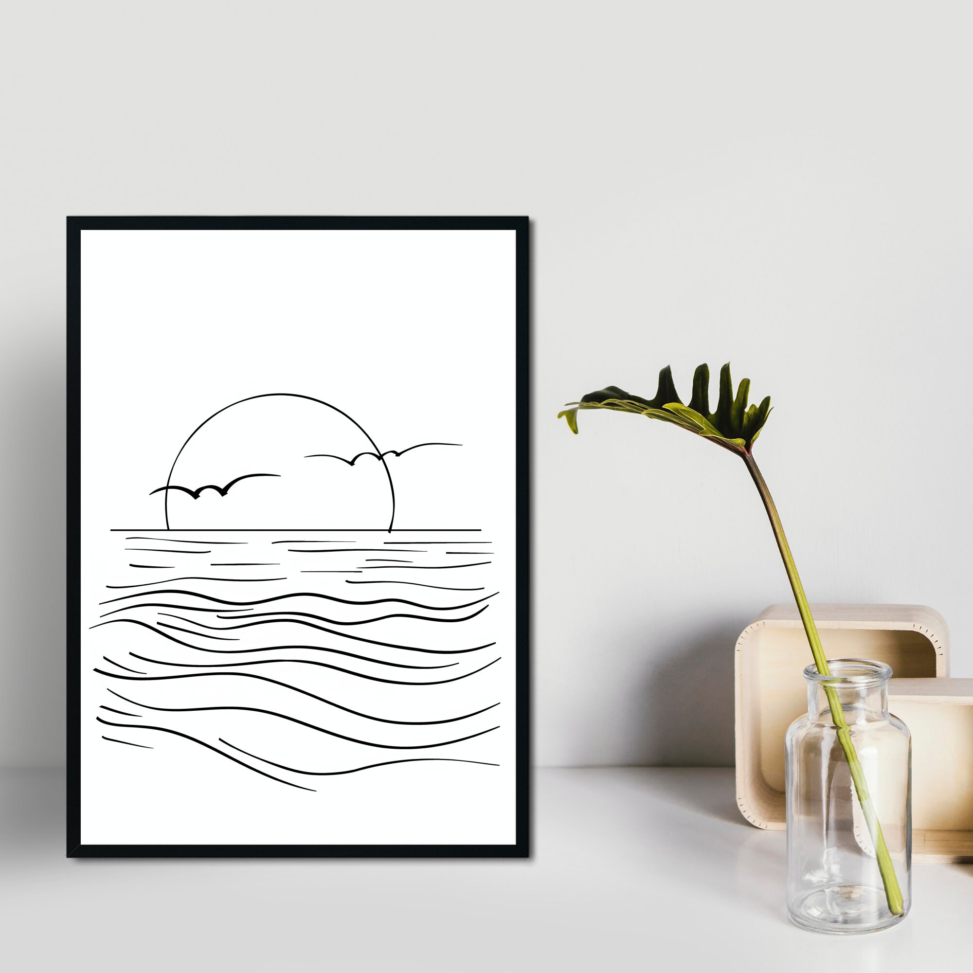 Sunset Line Drawing Nature Sketch Modern Art Elegant Landscape Sun and ...