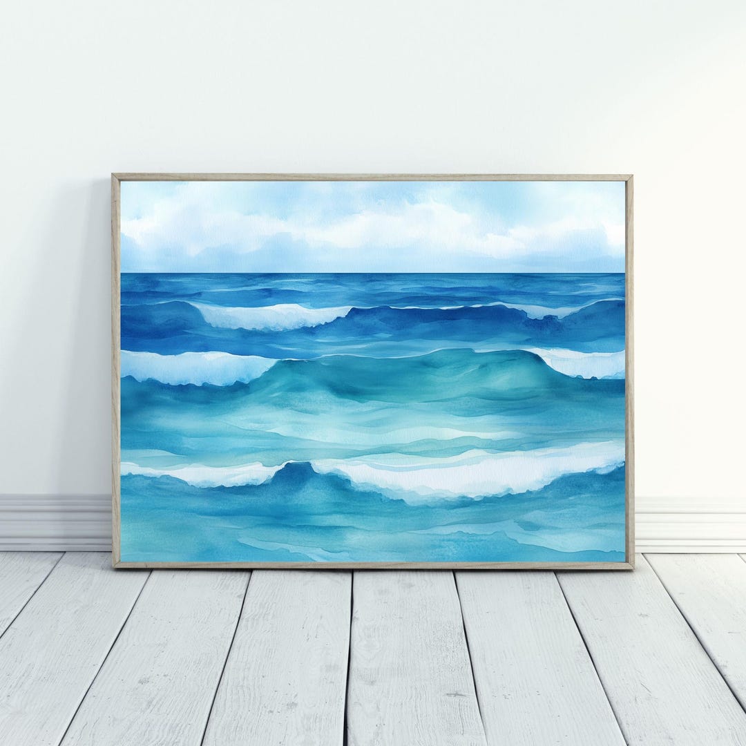 Ocean Wave Art for Coastal Decor Watercolor Painting Print Soft Blue ...