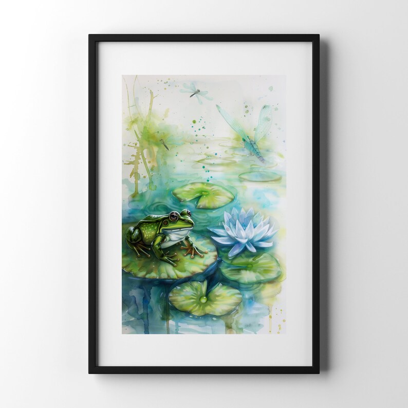 Cute Frog, Lily Pad, Garden Pond, Watercolor Painting, Dragonflies ...