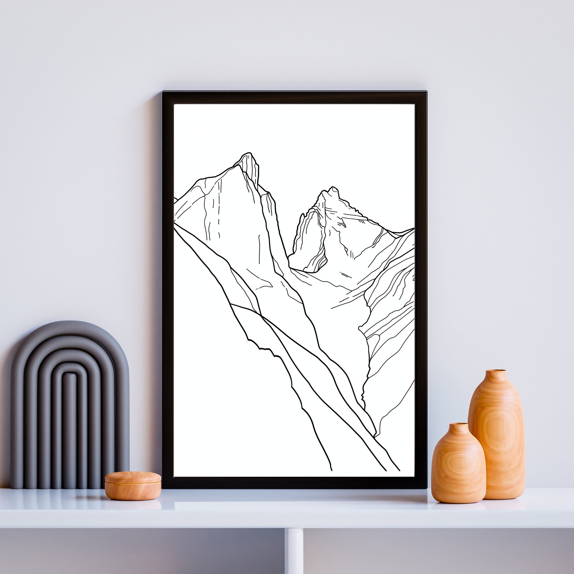 Mountain Range Line Drawing Nature Sketch Modern Artwork Elegant Wall ...