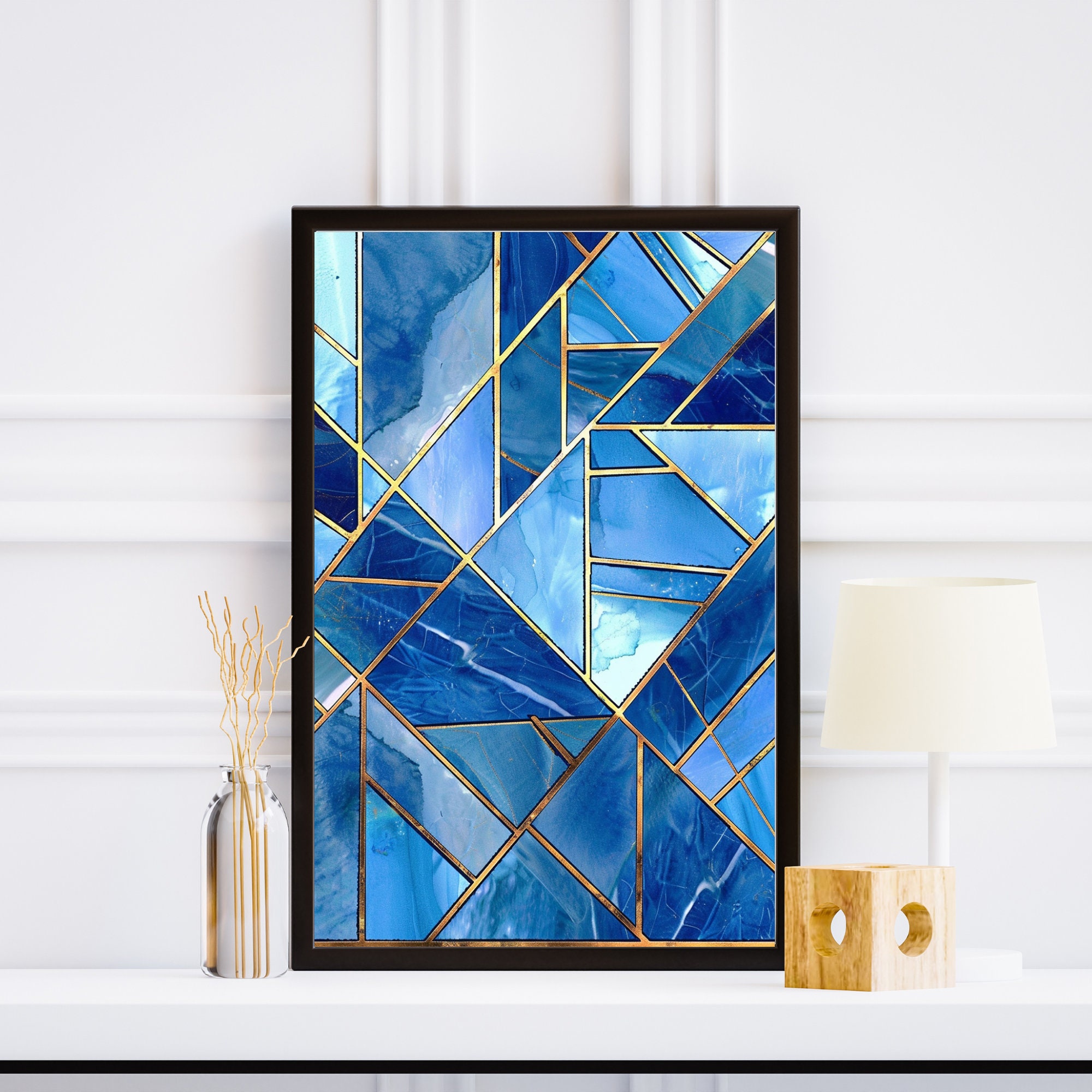 Stained Glass Art Print Blue Geometric Artwork for Living Room Abstract ...