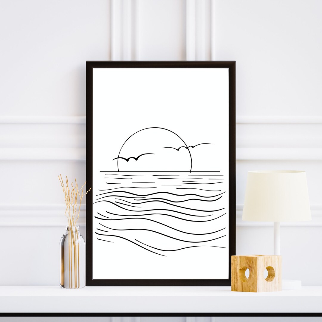 Sunset Line Drawing Nature Sketch Modern Art Elegant Landscape Sun and ...