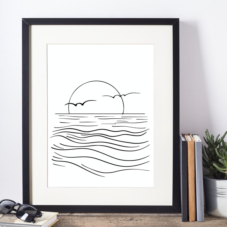Sunset Line Drawing Nature Sketch Modern Art Elegant Landscape Sun and ...