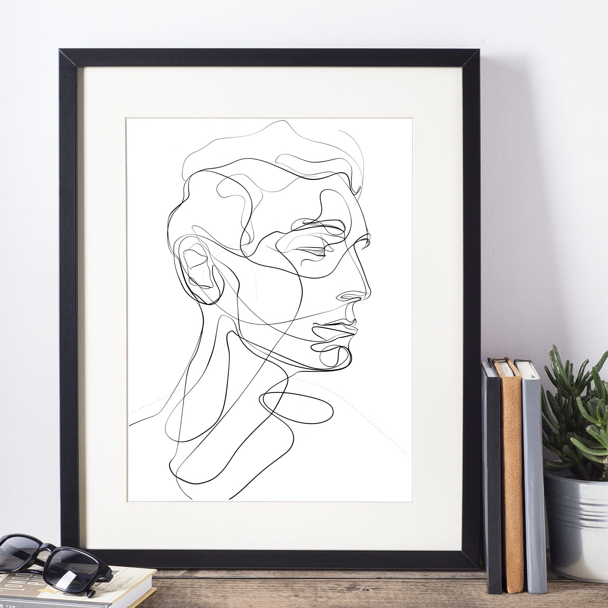 Continuous Line Art Man Face Drawing Sleek Modern Artwork Elegant Wall ...