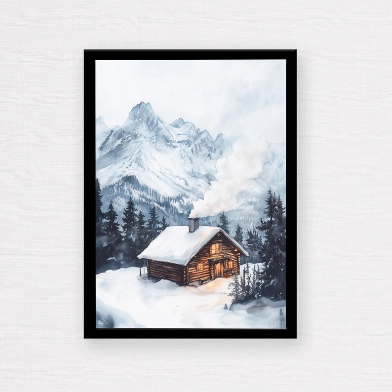 Mountain Cabin Watercolor Print of Snowy Mountain Landscape Cozy Winter ...