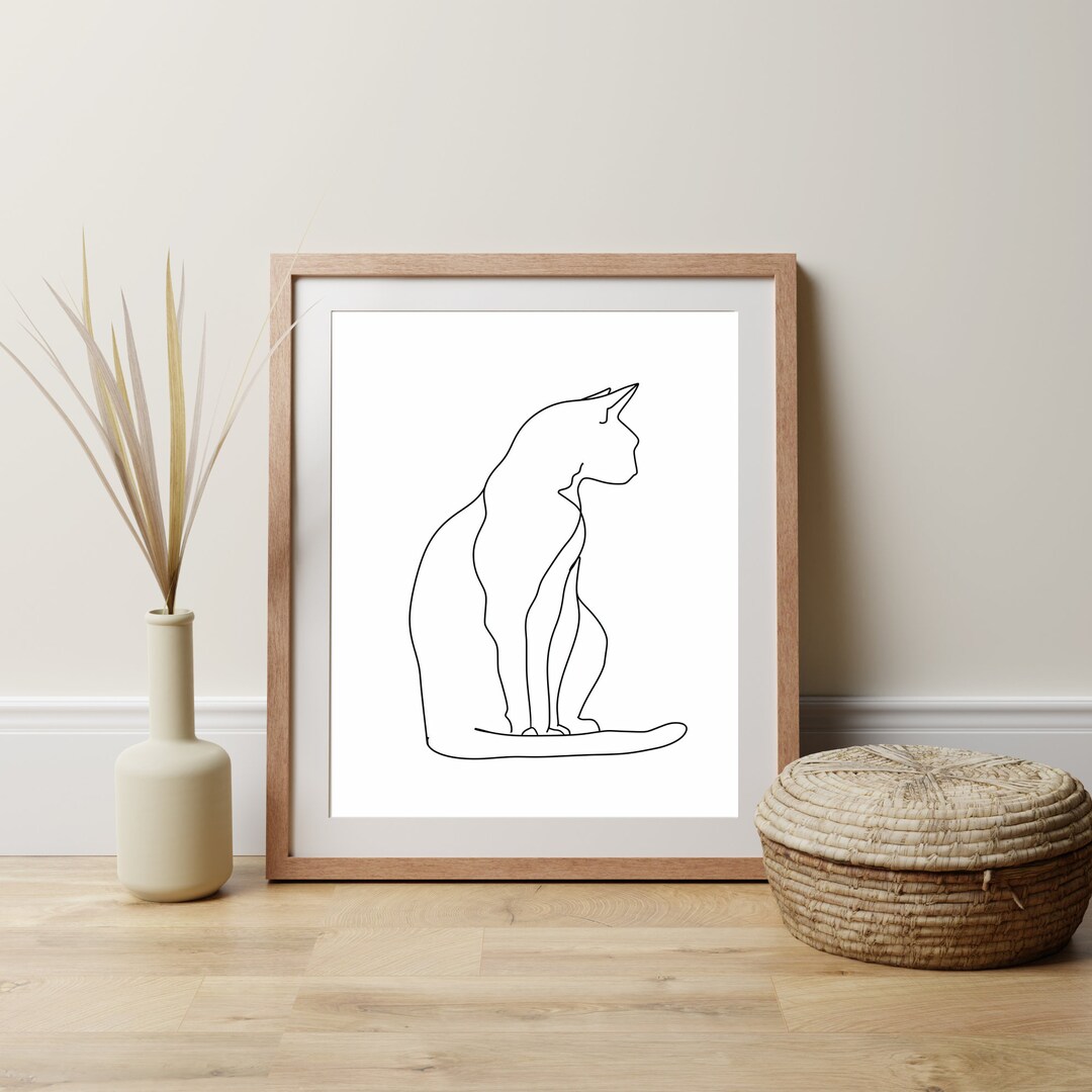 Cat Line Art Gift for Cat Lover Simple Line Artwork Modern Black White ...