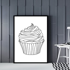 Cupcake Drawing Line Art Simple Sketch Modern Kitchen Wall Decor ...