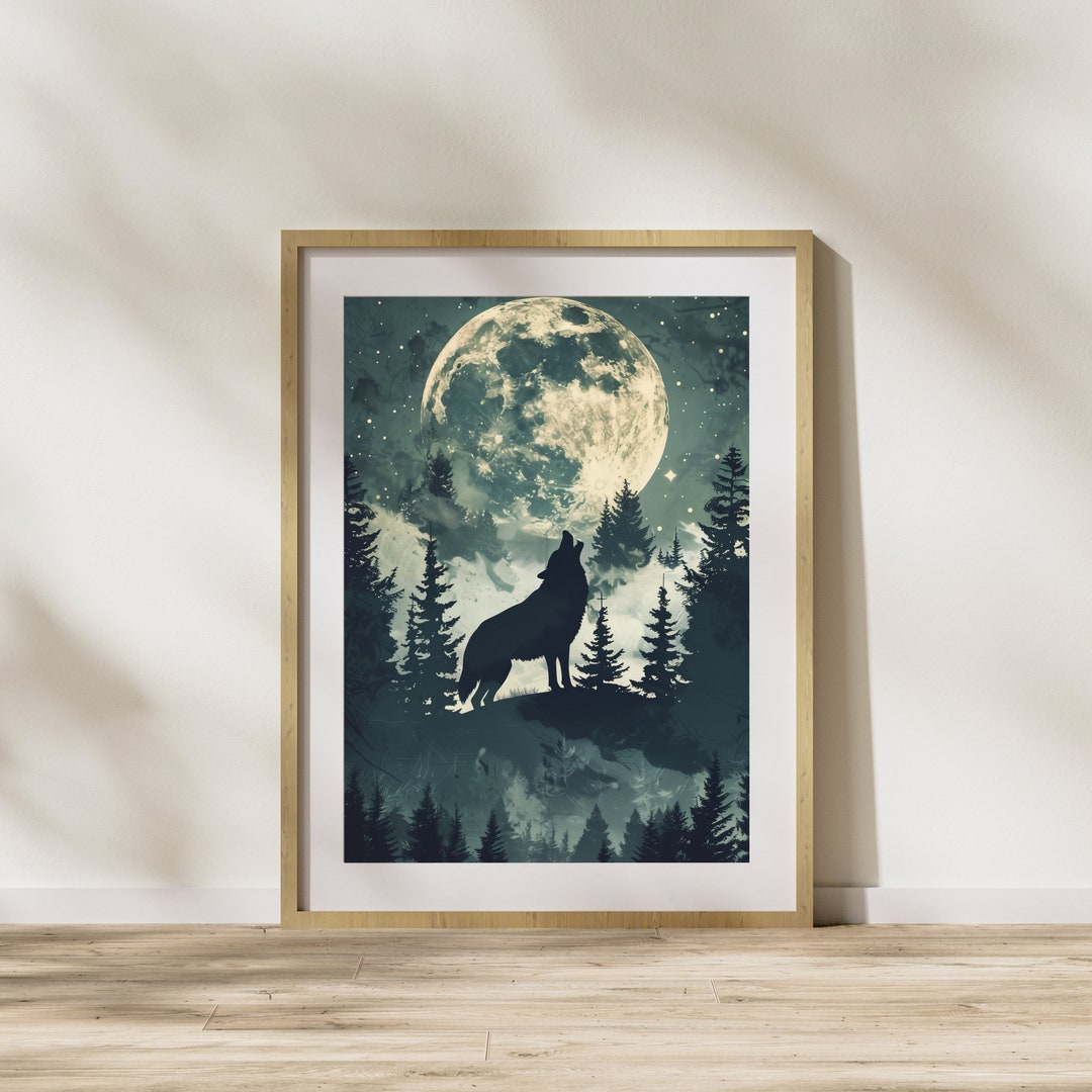 Wolf Howling at Moon Wall Art for Living Room Full Moon Artwork ...