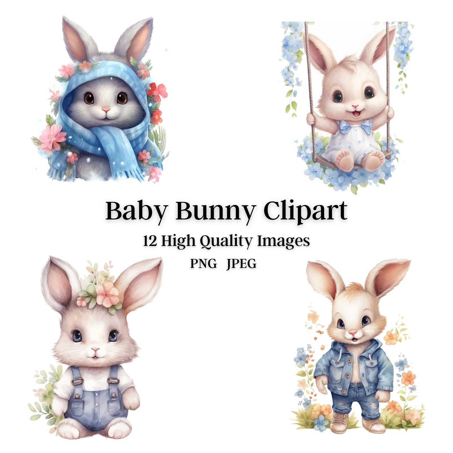Cute Bunny Clip Art, 12 High Quality Images, Digital Download, Digital ...