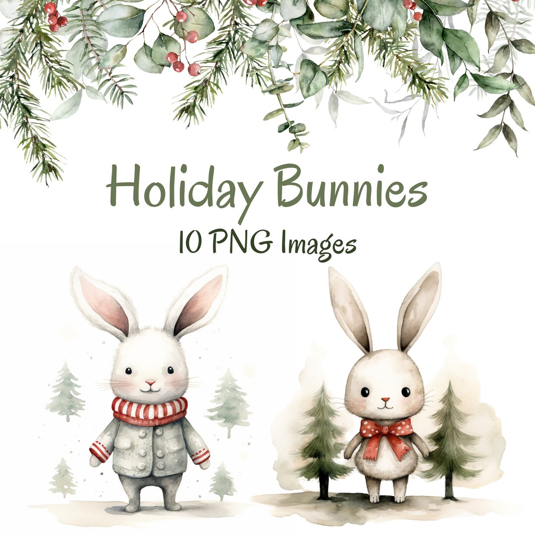 Holiday Bunnies Clip Art, 10 High Resolution PNG Images, Digital ...