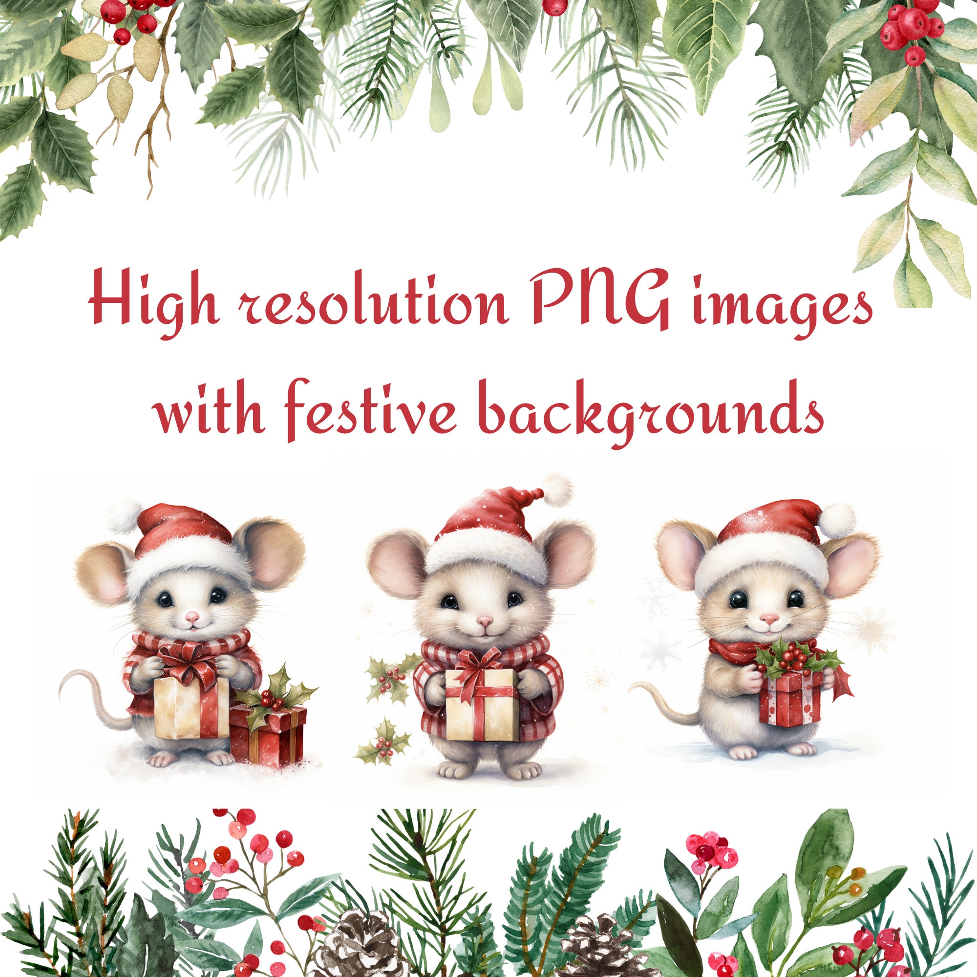 Christmas Mice Clip Art, 10 High Resolution PNG Images, Digital ...
