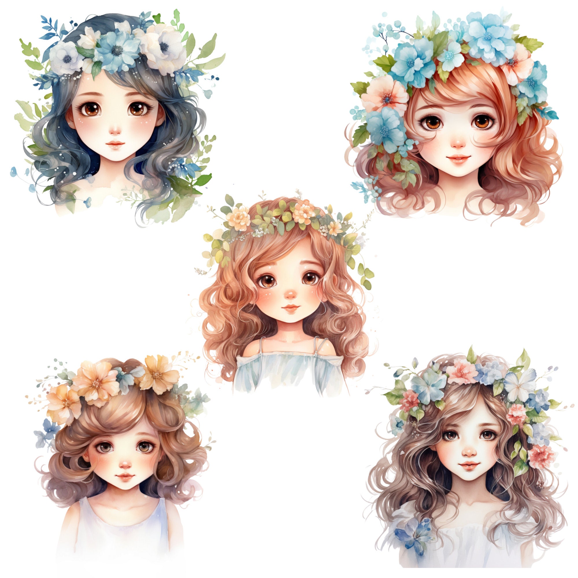 Floral Chibi Girl Clip Art, 20 High Quality Images, Digital Paper ...