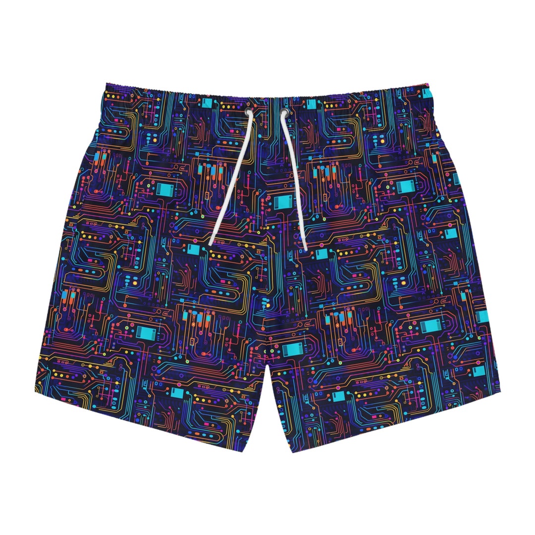 Futuristic Circuit Board Swim Shorts Colorful Tech Design for Men and ...