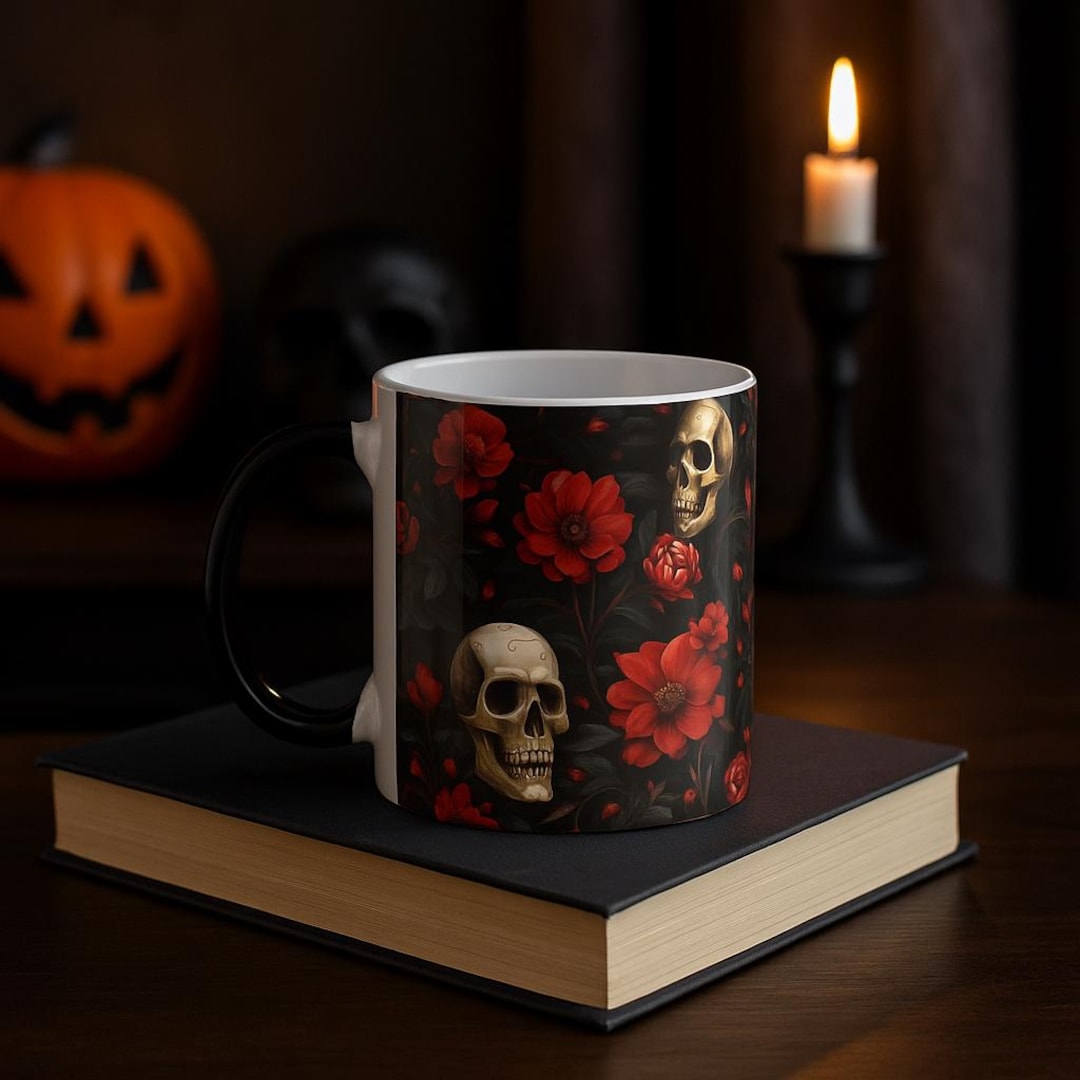 Skull and Floral Ceramic Color Morphing Mug, 11oz Skull and Floral ...