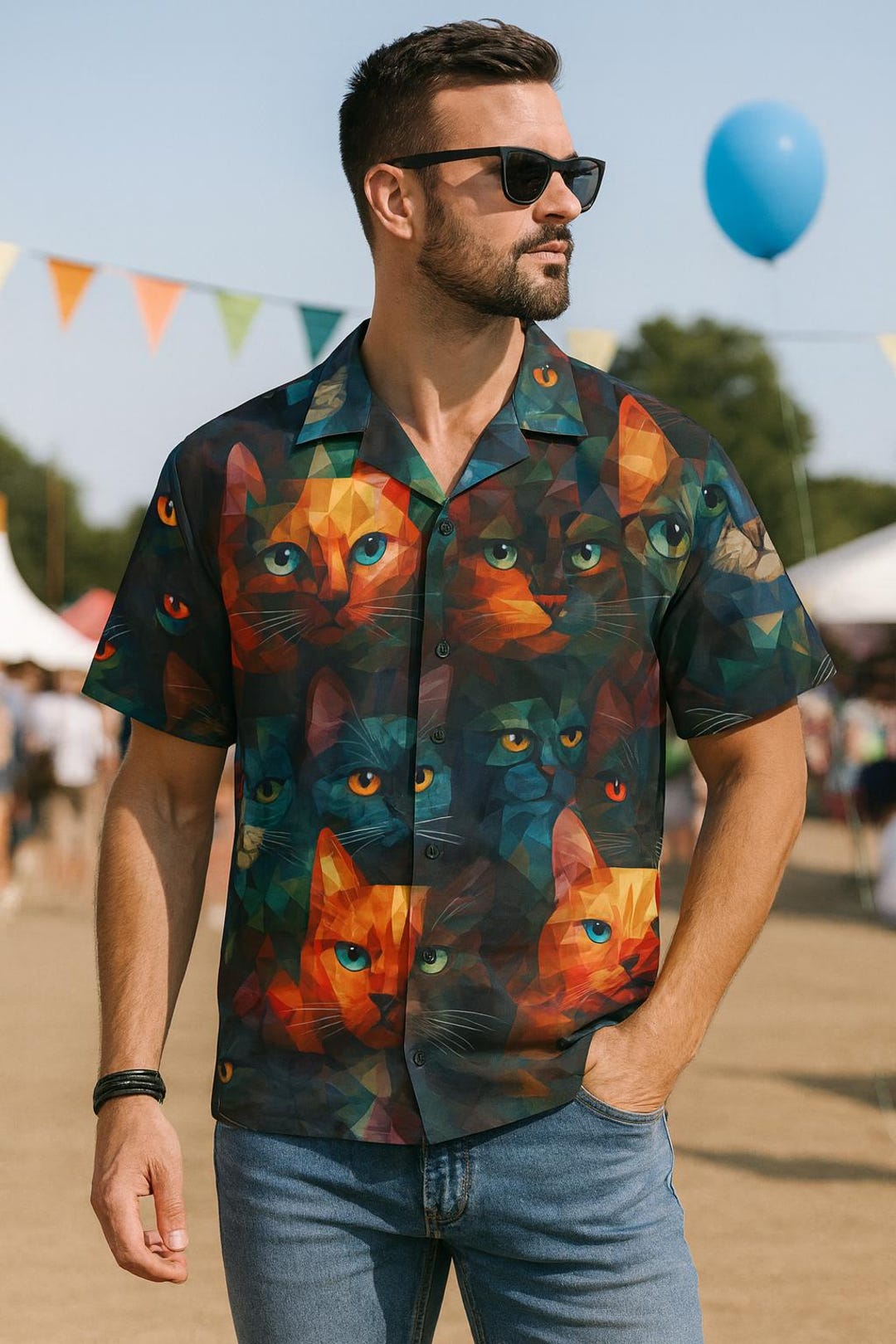 Geometric Cat Print Shirt Colorful Short Sleeve Button up Gift for Cat ...