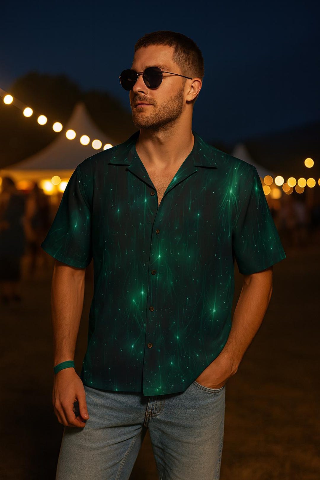 Galaxy Print Shirt Green Cosmic Starry Night Short Sleeve Button up ...