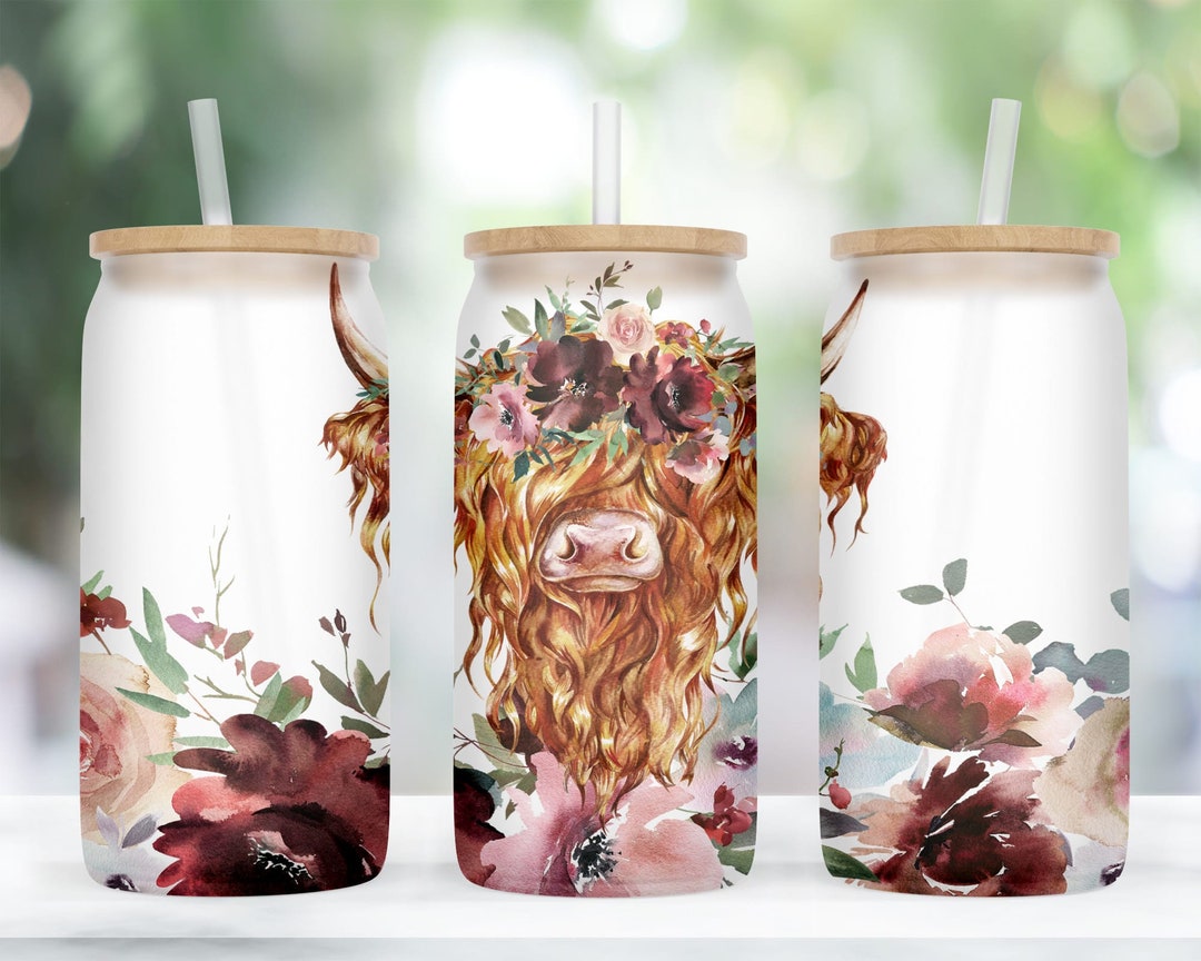 Highland Cow Glass Can, Highland Cow Frosted Cup, Highland Cow Glass ...
