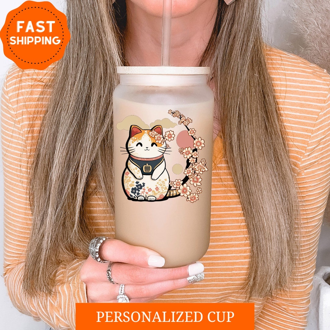Japanese Cat Glass Cup Personalized, Cute Japanese Cat Cup, Japanese ...