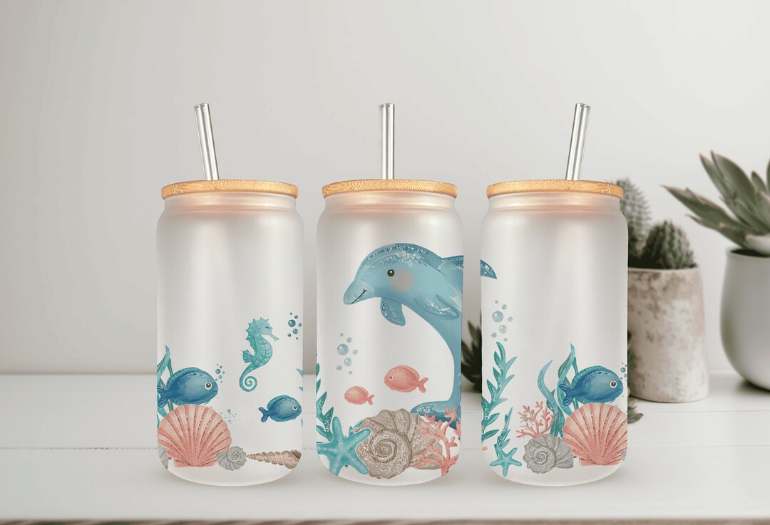 Dolphin 16oz Glass Can, Sea Dolphin Cup for Women, Cute Dolphin Iced ...