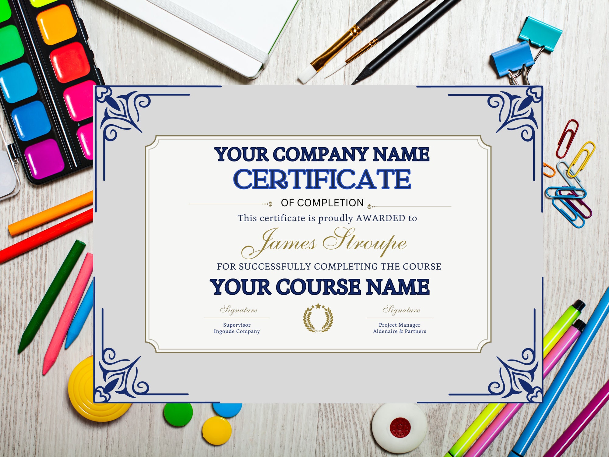 Editable Completion Template, White and Blue Elegant Printable, Instant ...