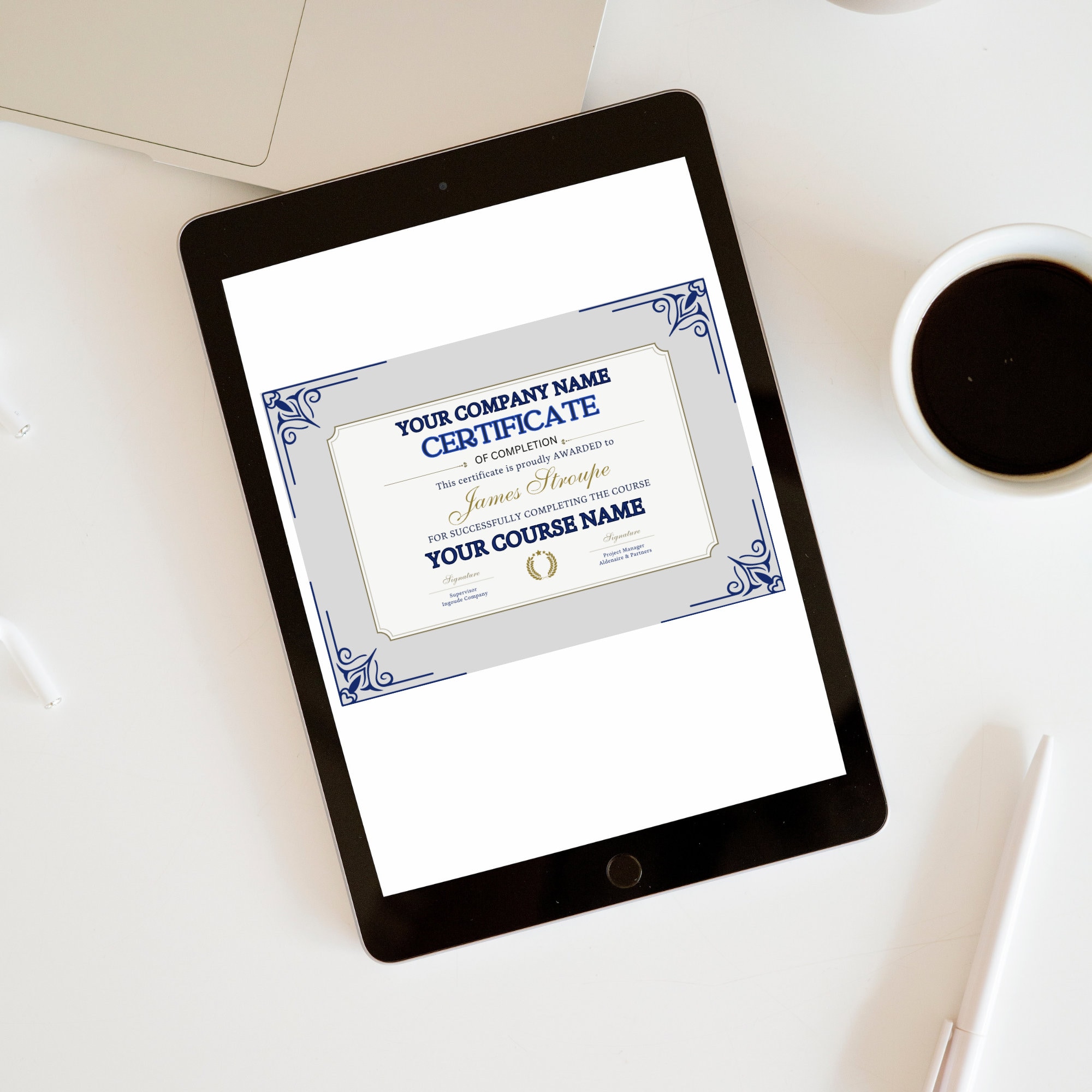 Editable Completion Template, White and Blue Elegant Printable, Instant ...