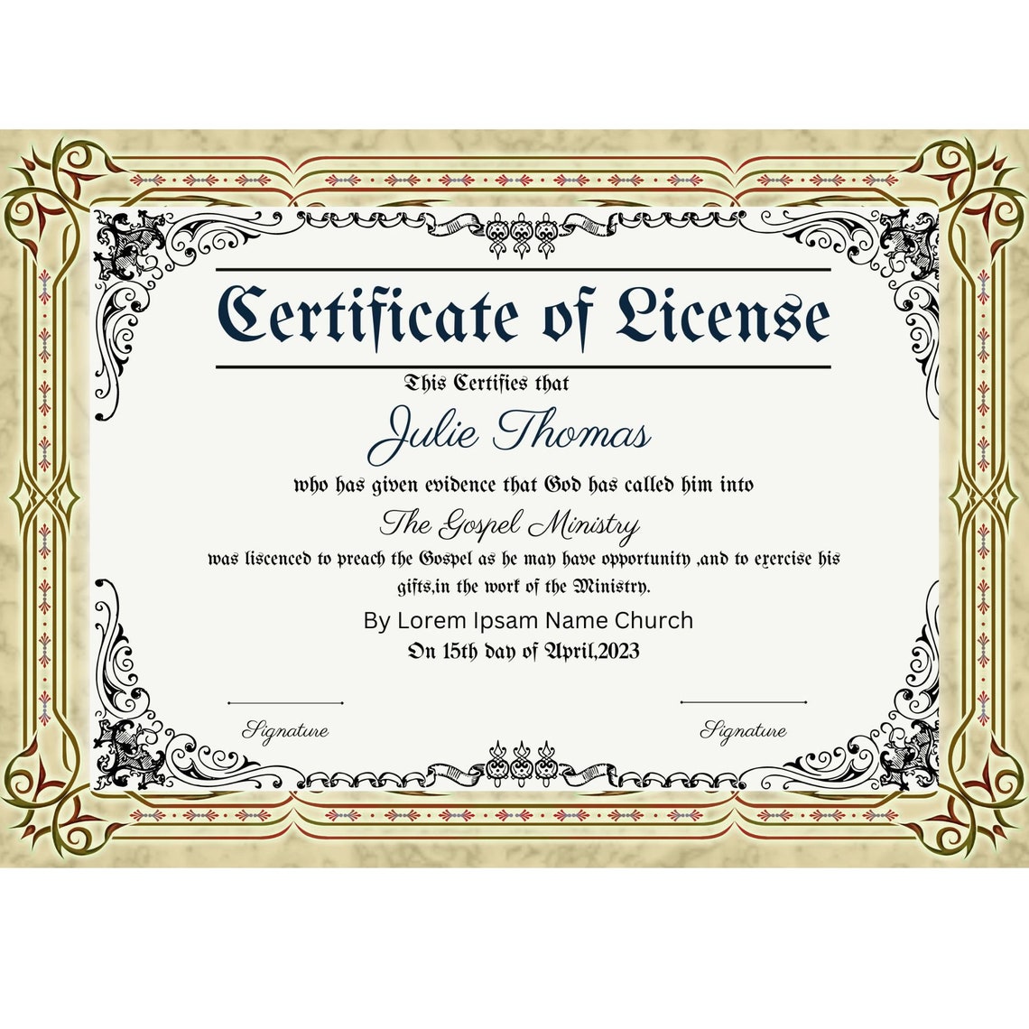 Editable License to Preach Template, Printable Certificate of License ...