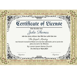 Editable License to Preach Template, Printable Certificate of License ...