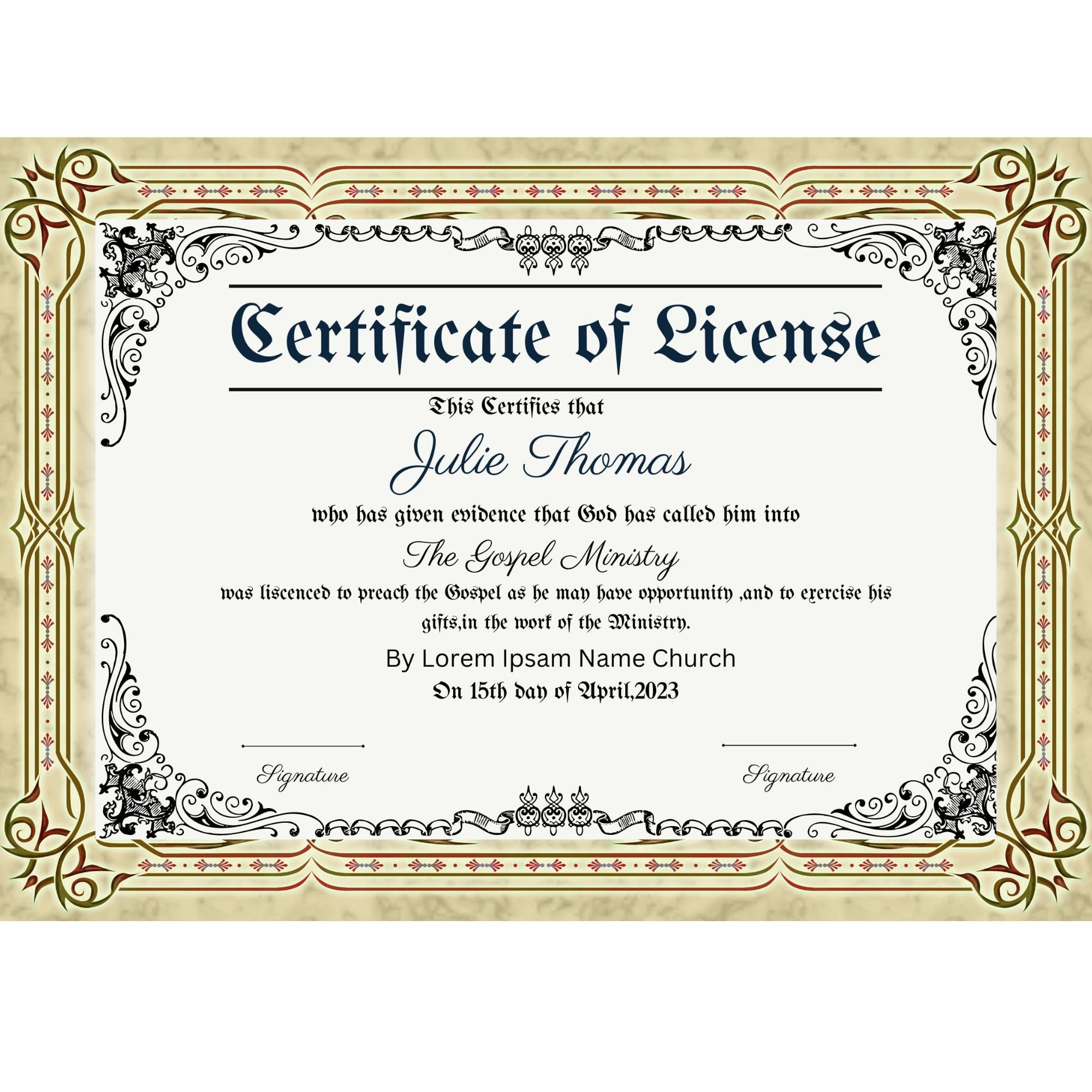 Editable License to Preach Template, Printable Certificate of License ...
