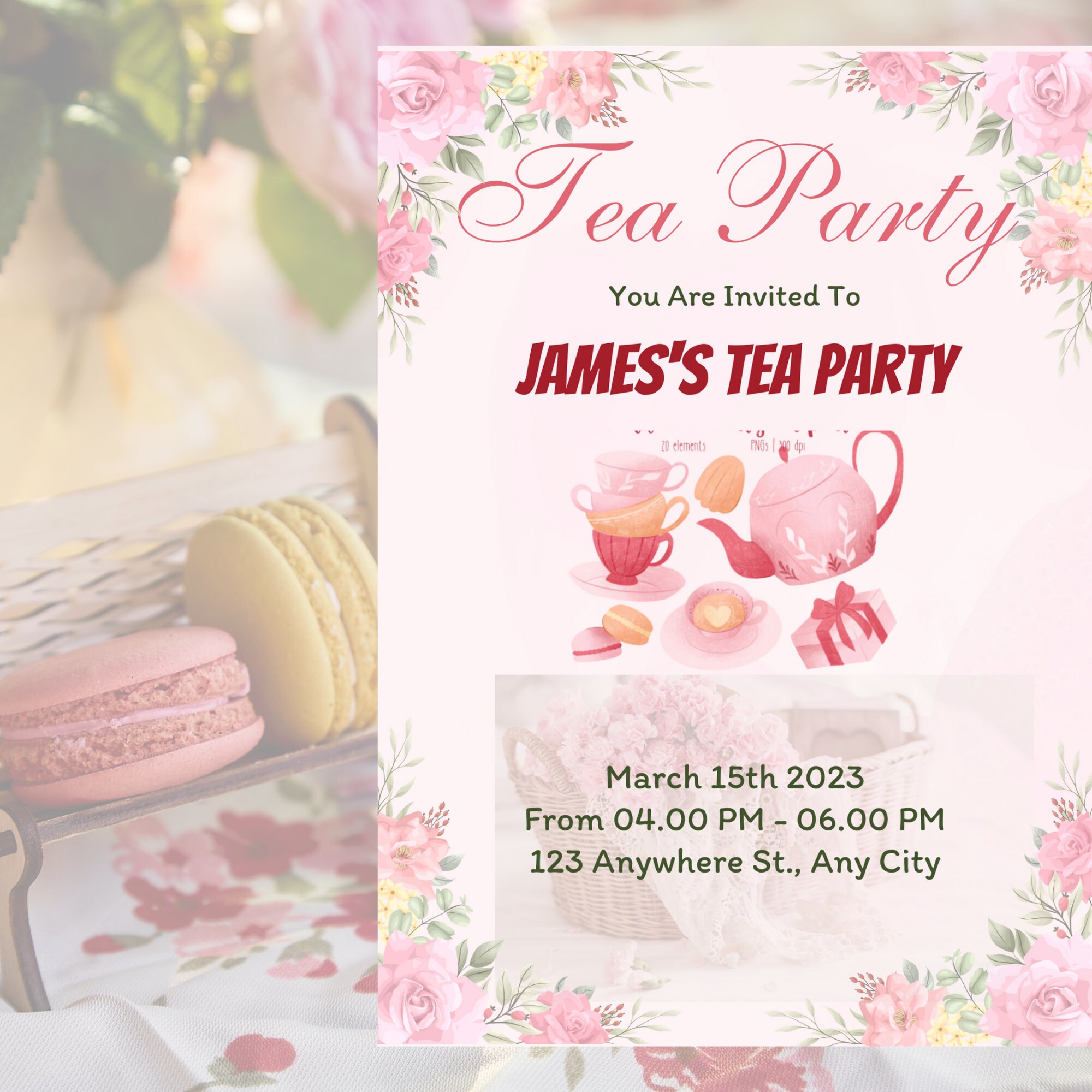 EDITABLE Tea Party Invitation, Pink Par-tea Invite Template, Whimsical ...