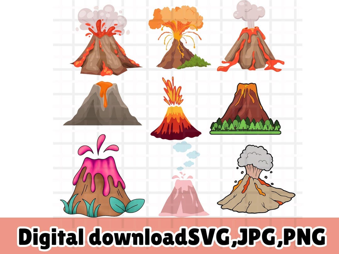 Volcano Vector Clipart / Outline & Stamp Drawing Graphic / Smoking ...