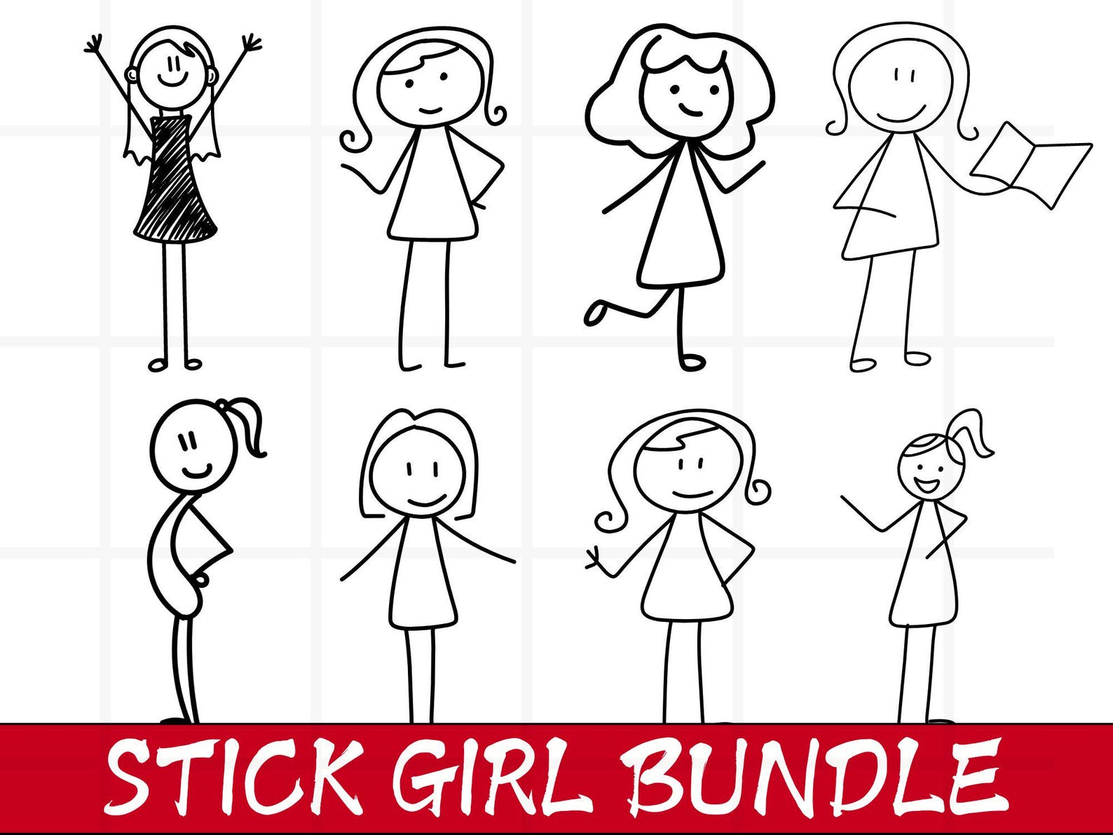 Stick Girl Svg Bundle Stick Singing Learning Drawing Girl Svg Clipart Vector Svg Png Stencil