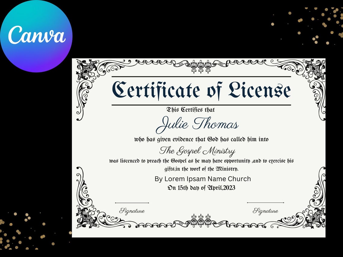 Editable License to Preach Template, Printable Certificate of License ...