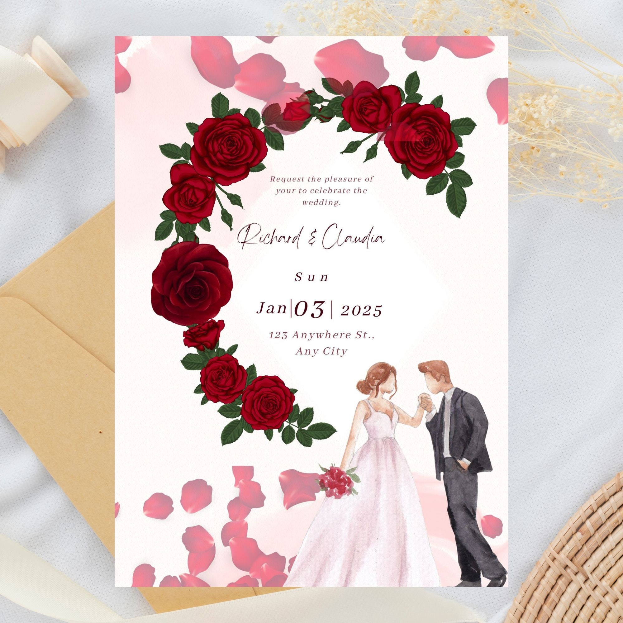 Red Rose Wedding Invite, Floral Wedding Invite, Red Rose Invitation ...