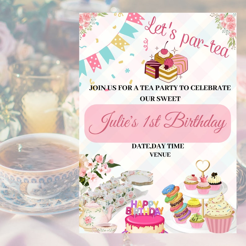 Editable Tea Party Birthday Invitation /girl Par-tea Invite/ Floral ...