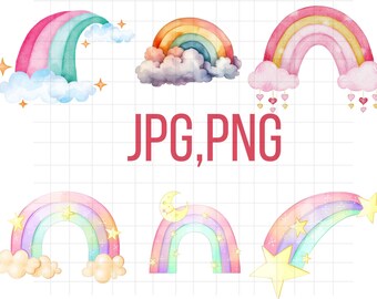 Watercolor Cute Rainbow Clipart, Rainbow Clipart Pack, Baby Shower Clip ...
