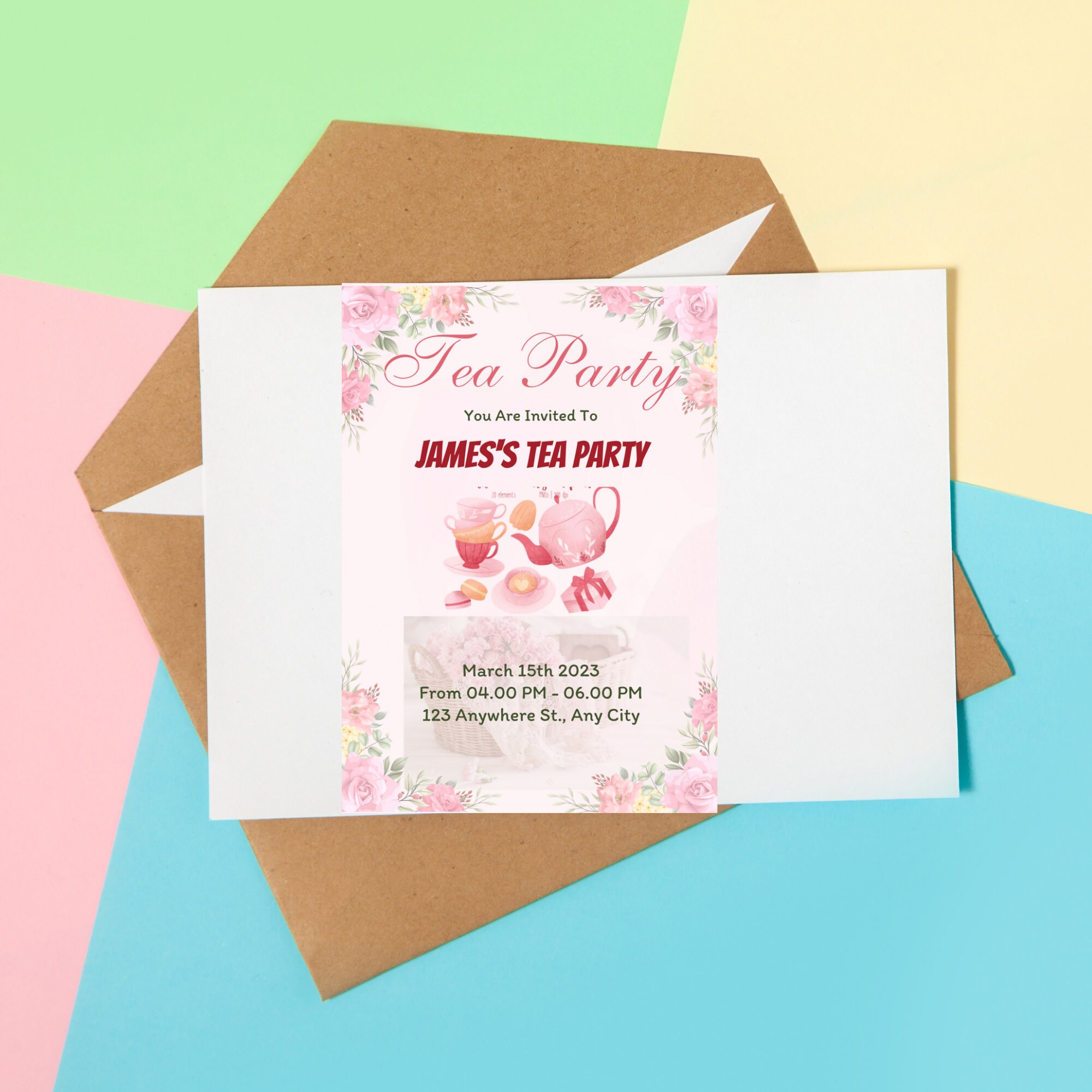 EDITABLE Tea Party Invitation, Pink Par-tea Invite Template, Whimsical ...