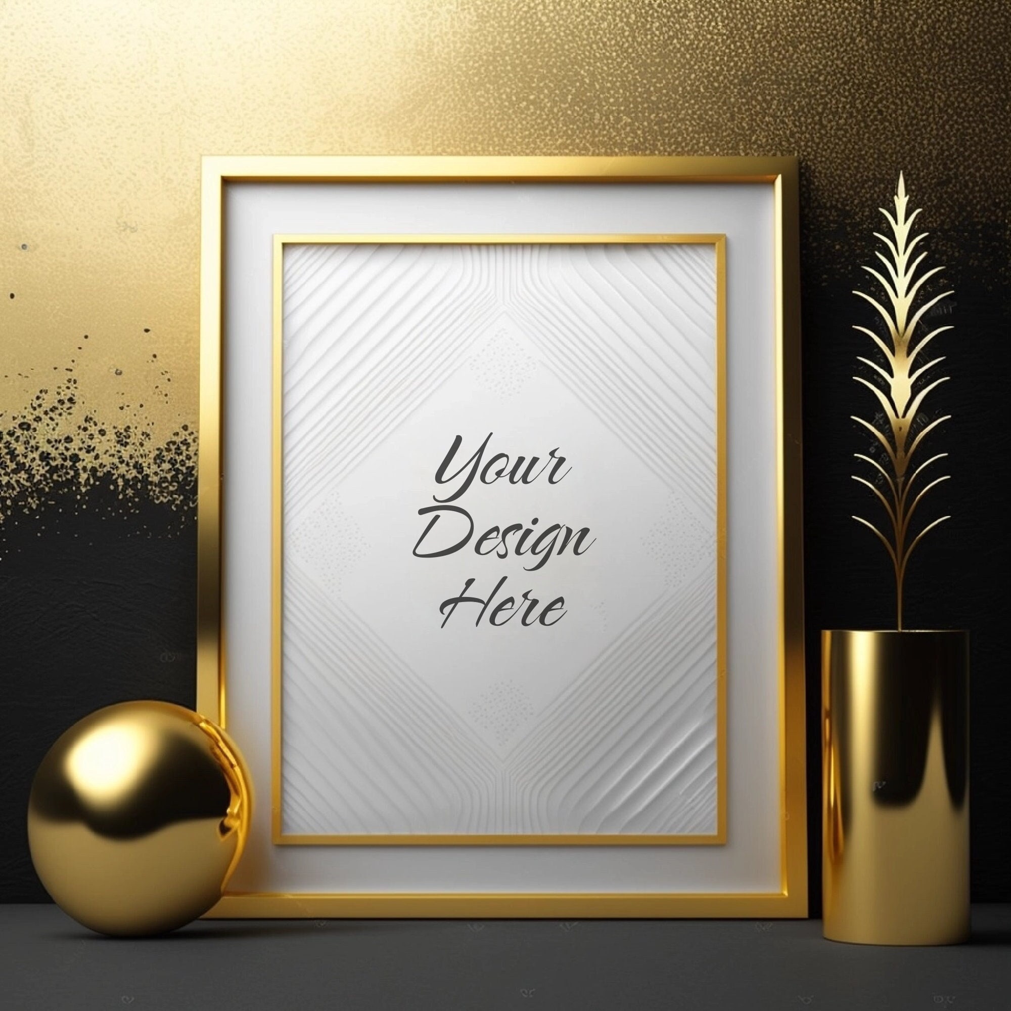 Frame Mockup, Standing Gold Frame Mockup, Gold on Black Background ...