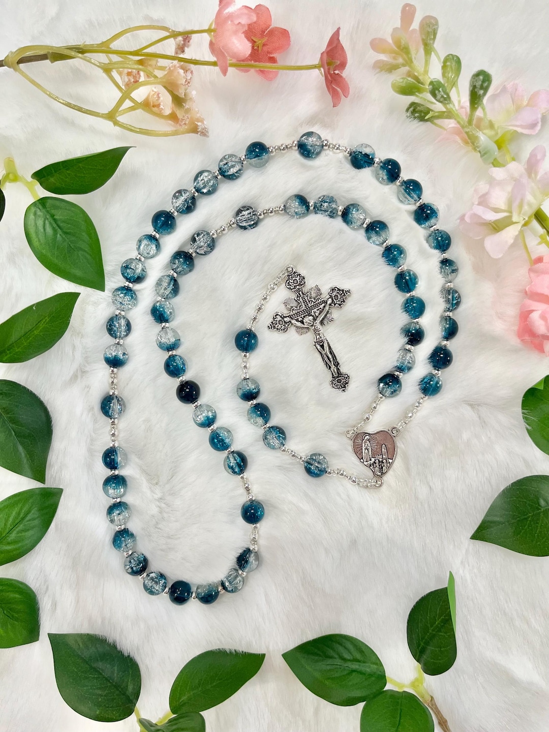 Our Lady of Fatima Rosary: Handmade Broken Glass Beads, Catholic Gift ...
