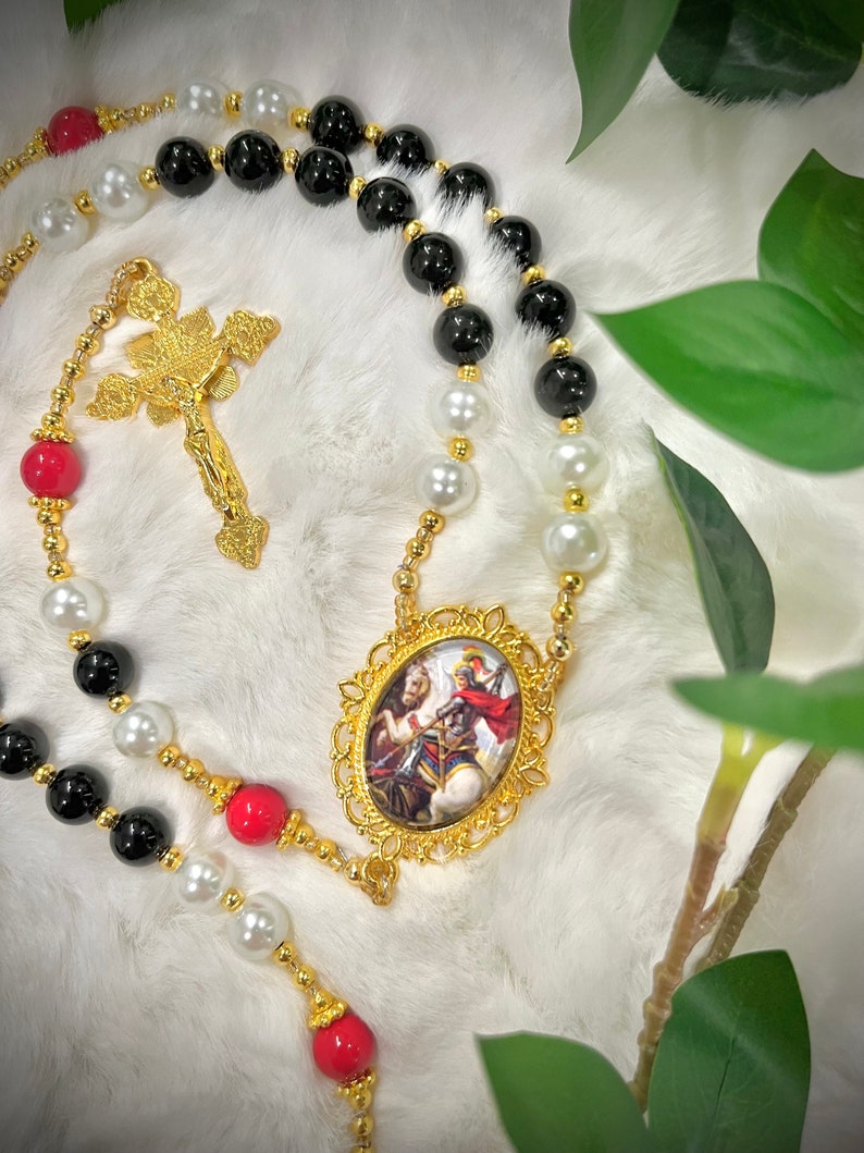 Handmade St. George Rosary: Obsidian & Pearl, Personalized Catholic ...