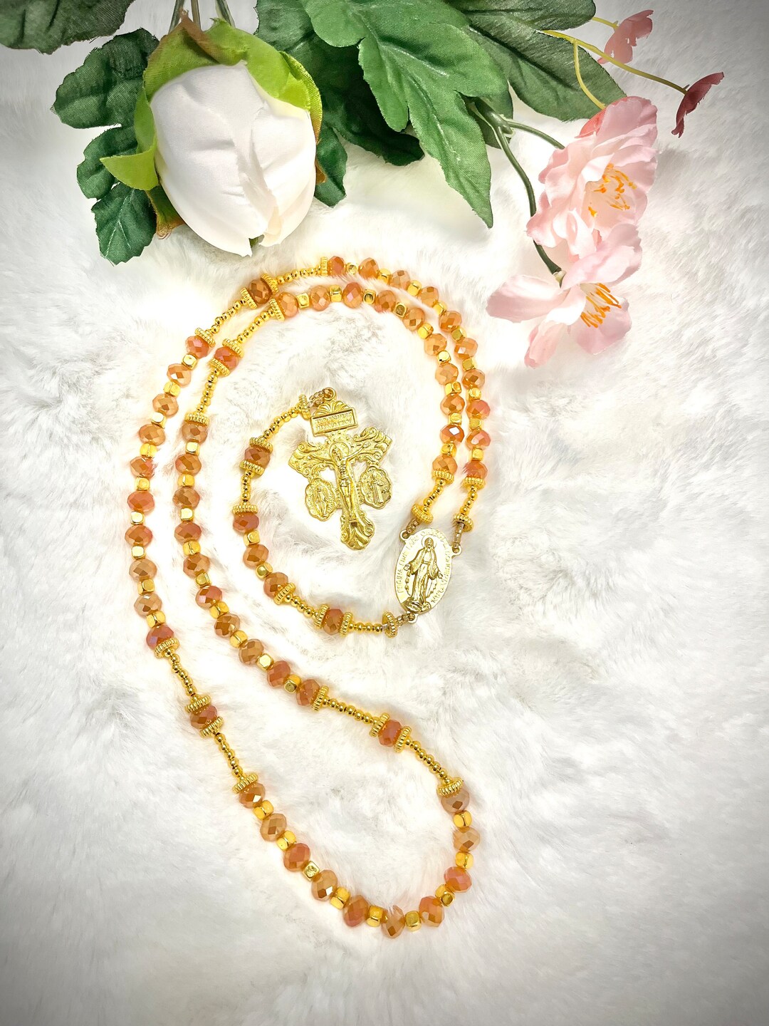 Handmade Crystal Rosary: Gold Immaculate Conception Medal, Catholic ...