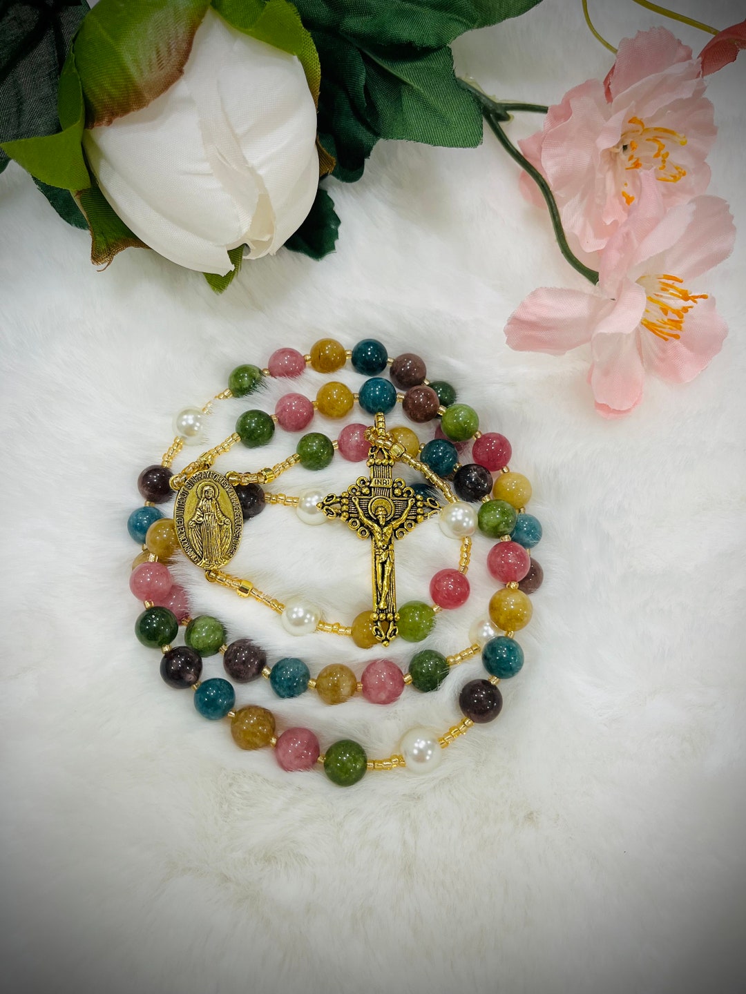 Immaculate Conception Custom Rosary Tourmaline Colorful Natural Stone ...