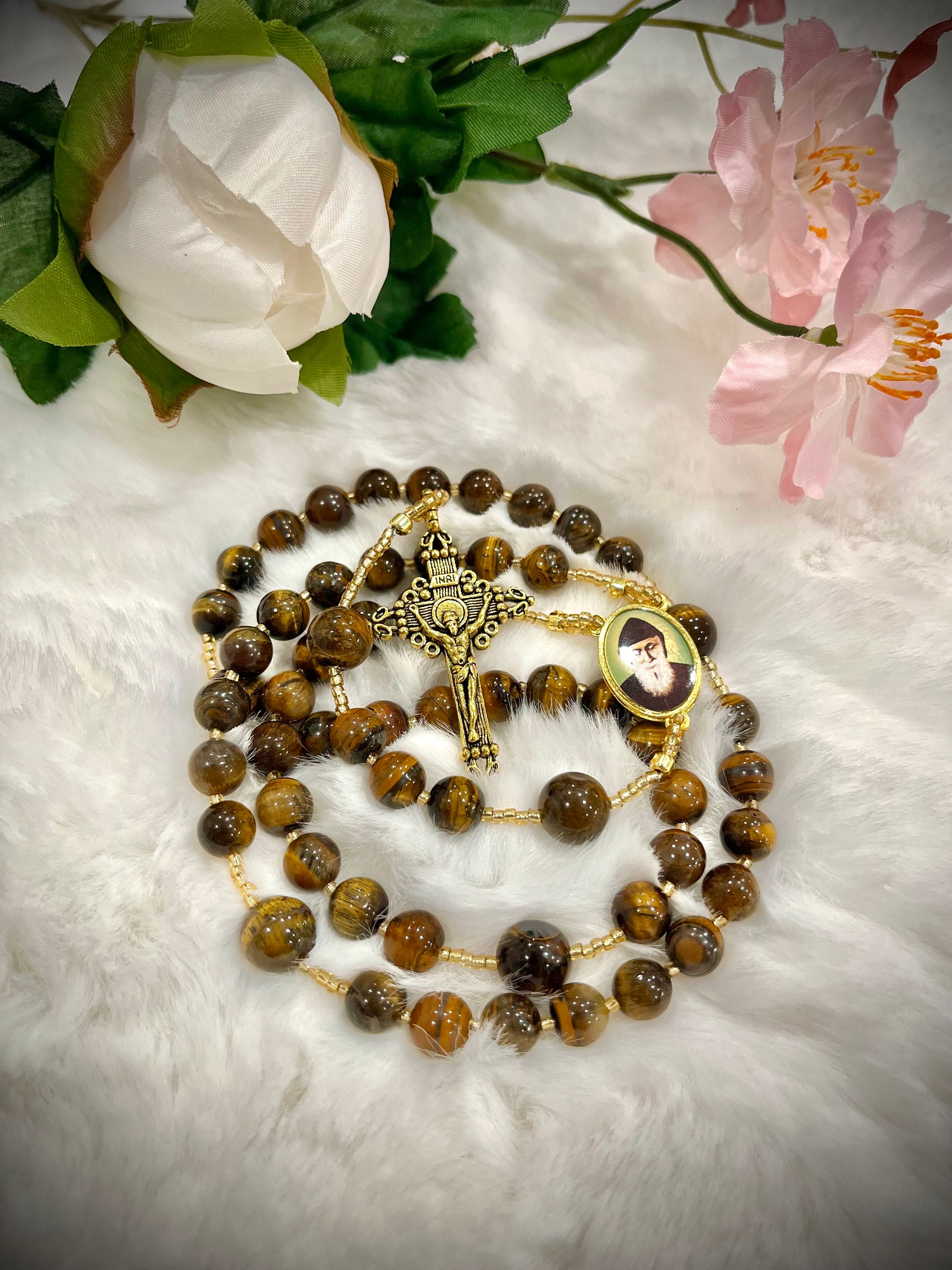 Saint Charbel Custom Rosary Tiger Eye Personalized Handmade Luxury ...