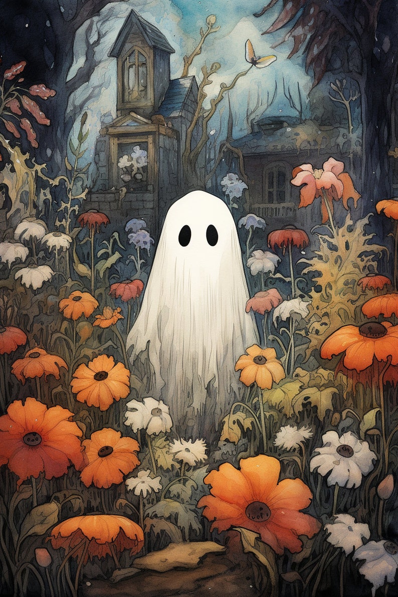 Cute Ghost in Flower Field Halloween Wall Decor Blossom the - Etsy