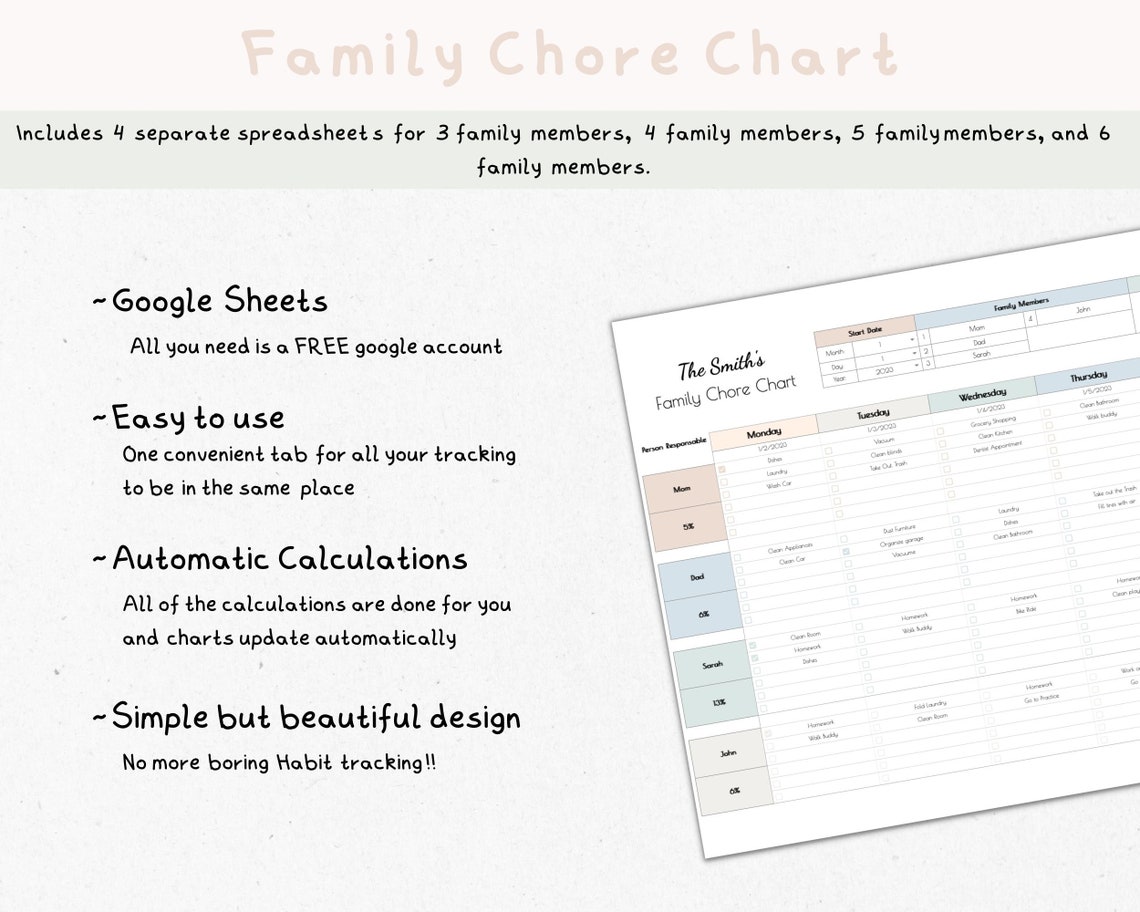 Family Chore Chart Google Sheets Template, Weekly Family Chore ...