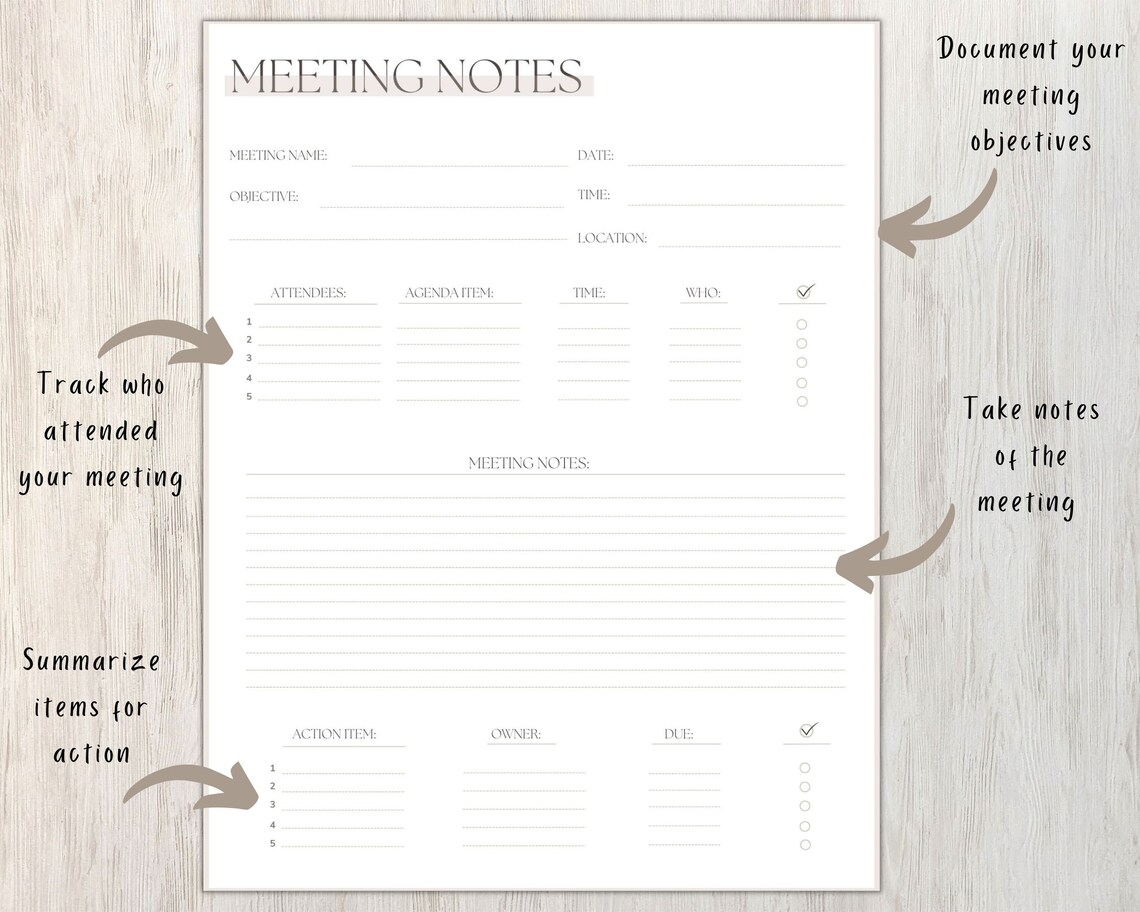 Meeting Notes Template Printable, Meeting Minutes, Meeting Agenda ...