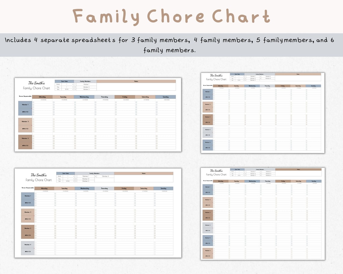 Family Chore Chart, Google Sheets & Excel Template (digital Download ...